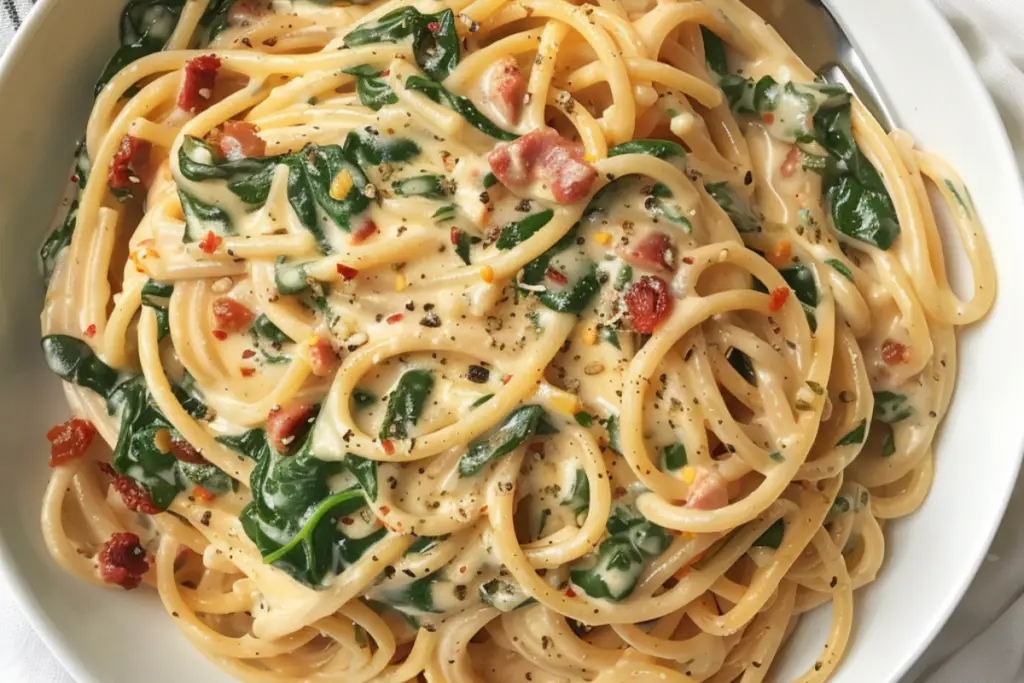 Spaghetti & Spinach with Sun-Dried Tomato Cream Sauce - cookefast.com