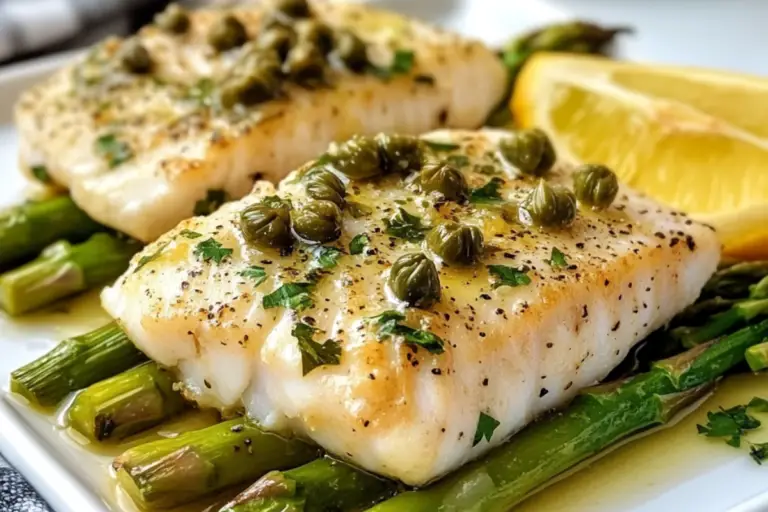 Baked Cod and Asparagus with Garlic Lemon Caper Sauce - cookefast.com
