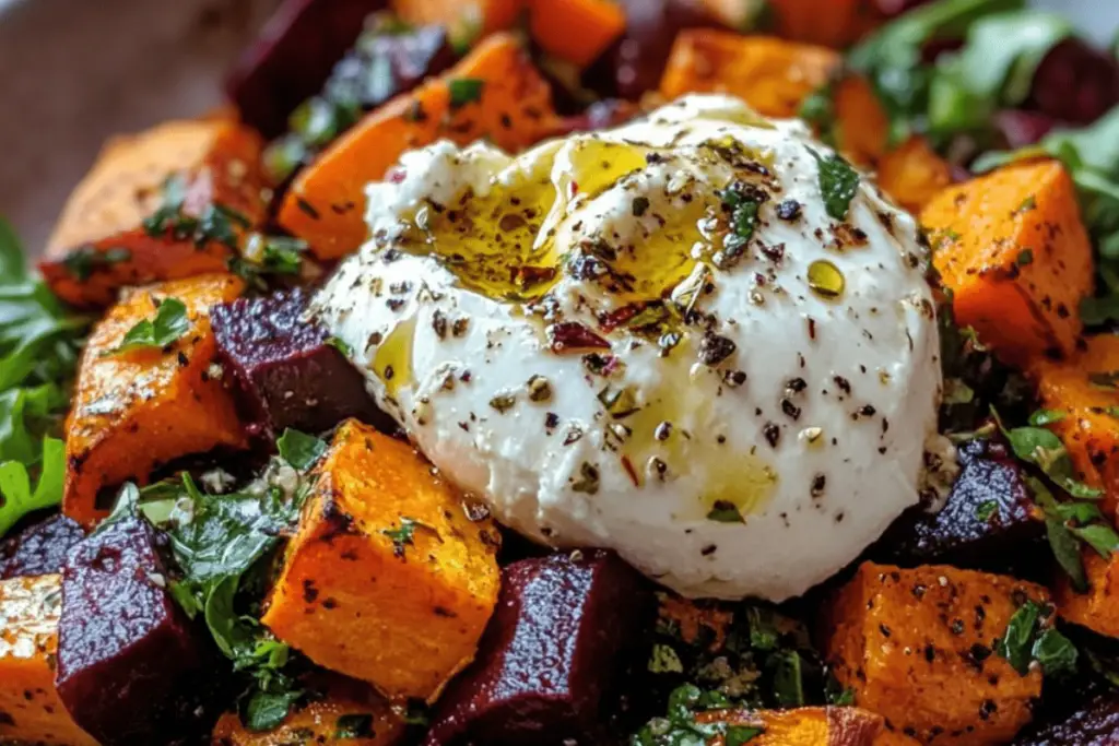 Sweet Potato, Roasted Beets, and Carrots Salad with Burrata