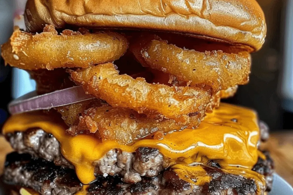 Ultimate Triple Cheeseburger with Onion Rings - cookefast.com