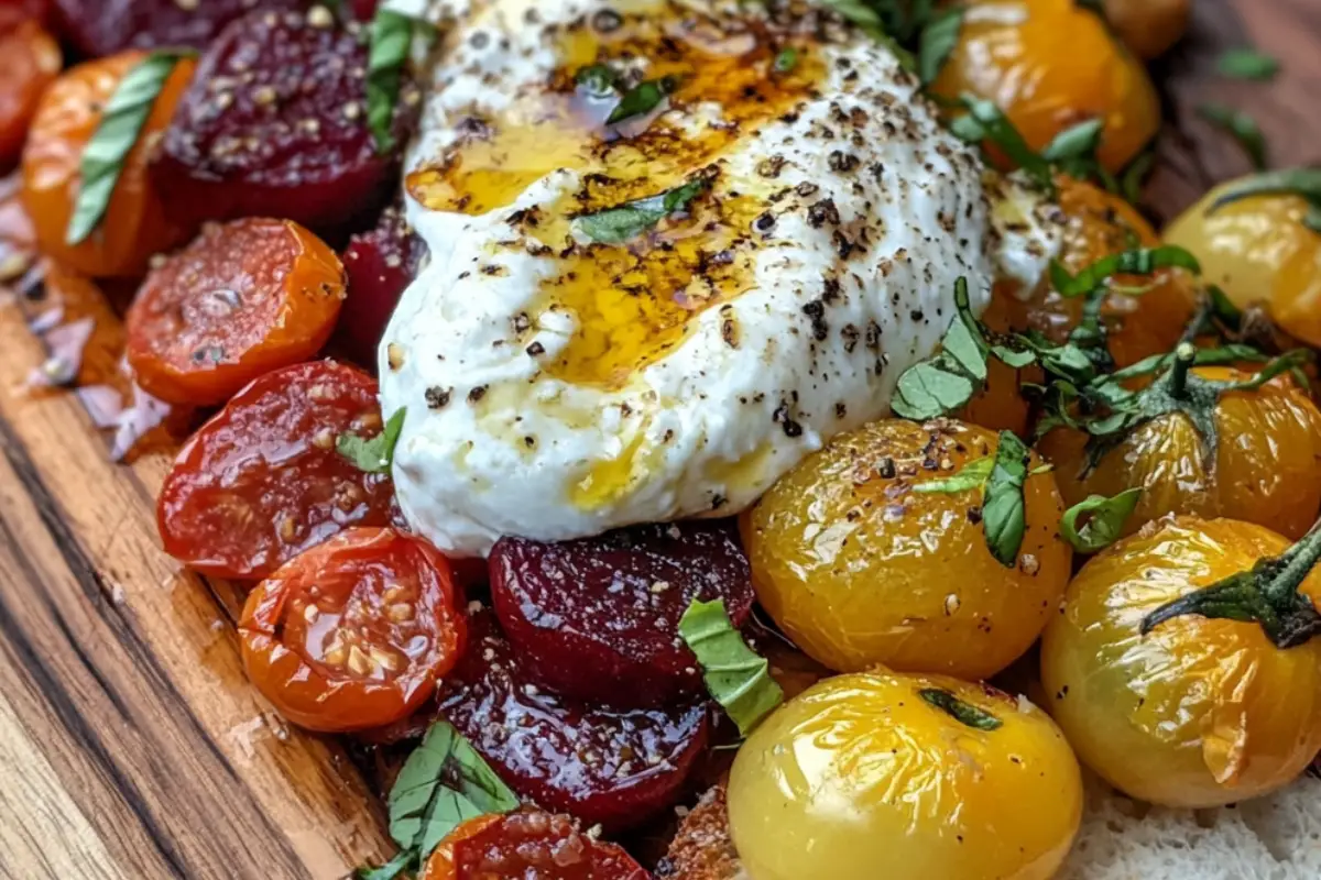 Roasted Tomatoes, Beets & Burrata Appetizer Recipe with Garlic Confit