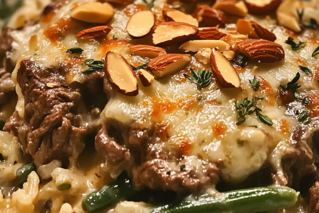 Creamy Beef, Rice, and Green Bean Bake Recipe with Swiss Cheese