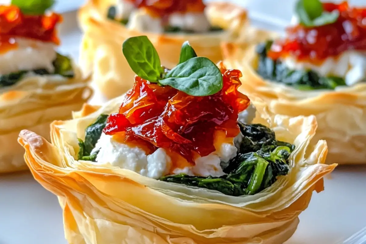 Crispy Spinach and Feta Phyllo Cups with Sun-Dried Tomato Drizzle Recipe
