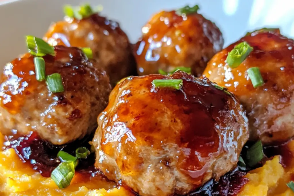 Cranberry Maple Glazed Turkey Meatballs Over Butternut Squash Mash ...