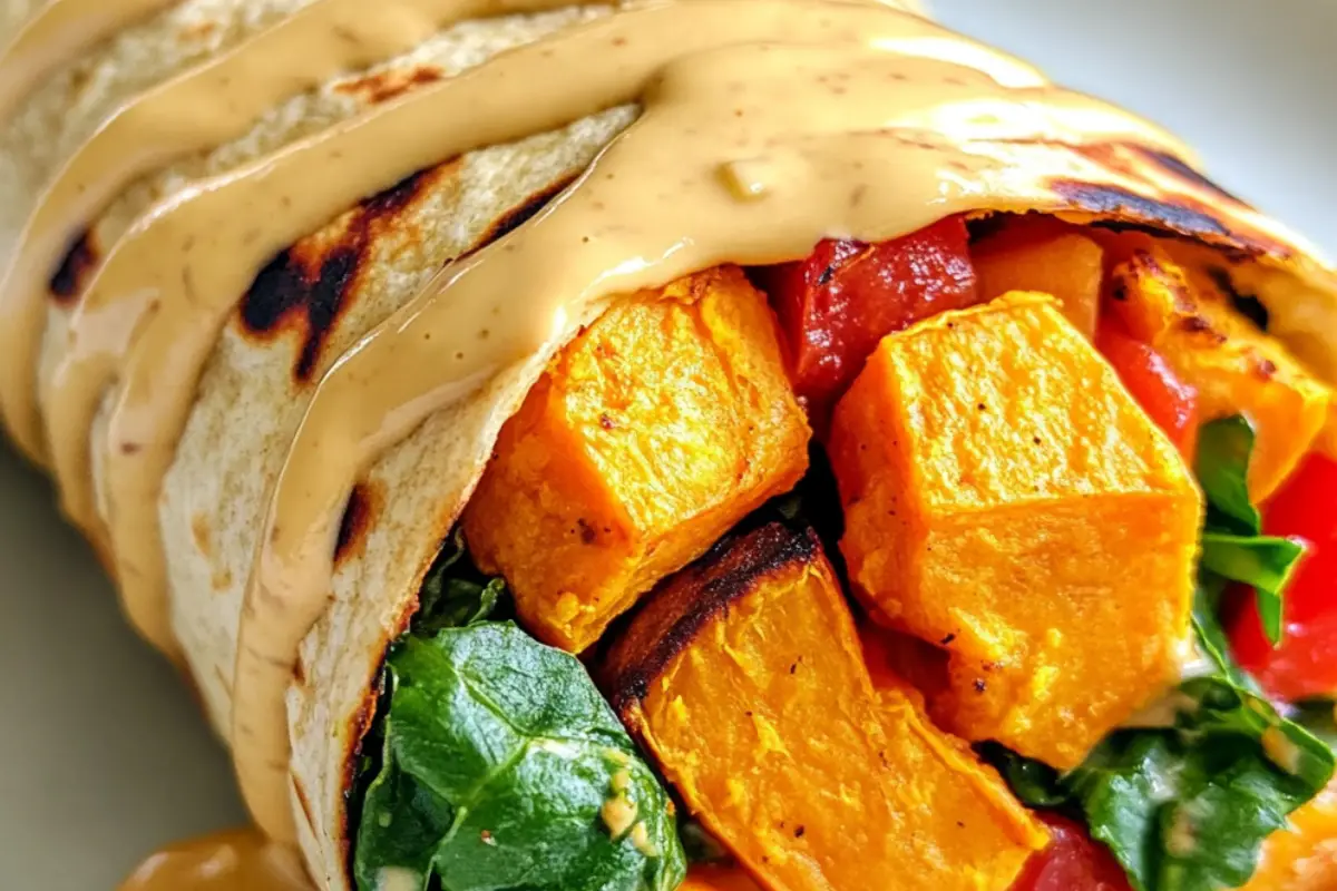 Delicious Roasted Sweet Potato & Red Pepper Wrap with Spicy Tahini Recipe
