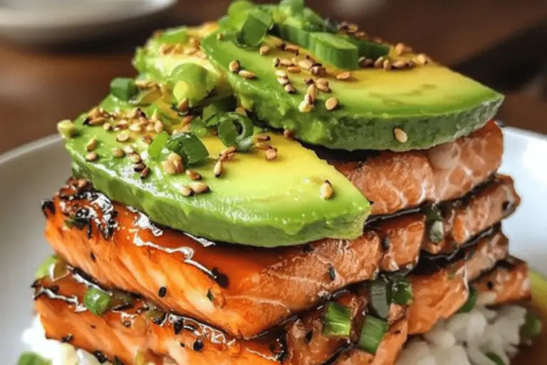 Teriyaki Salmon Avocado Rice Stack Recipe - cookefast.com