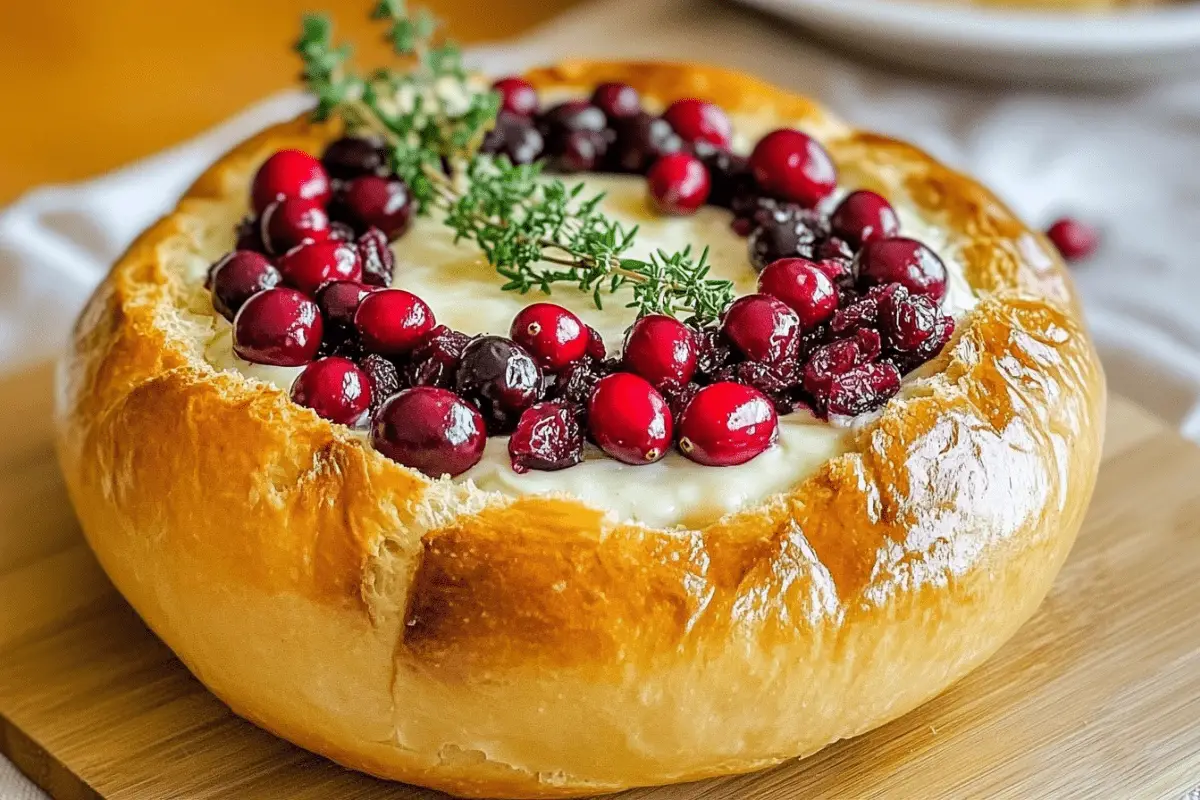 Rustic Brie Bread Bowl with Cranberries and Fresh Thyme - cookefast.com