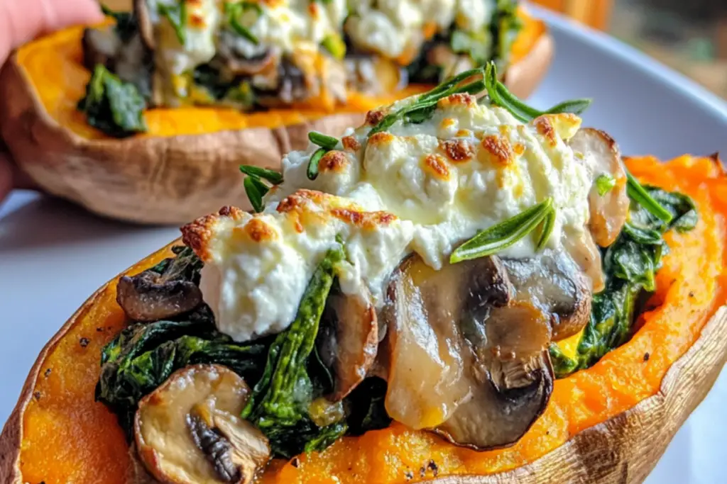 Healthy Stuffed Sweet Potatoes with Spinach, Mushroom, Feta, and Rosemary