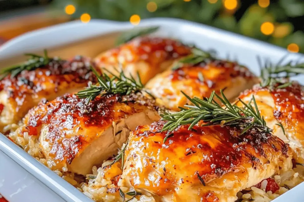 Smothered Chicken and Rice Christmas Bake with Rosemary and Parmesan