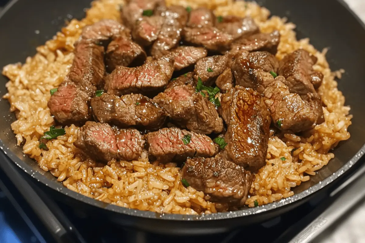 Honey Garlic Butter Steak and Rice Skillet - cookefast.com